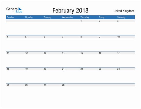 February 2018 Monthly Calendars With United Kingdom Holidays