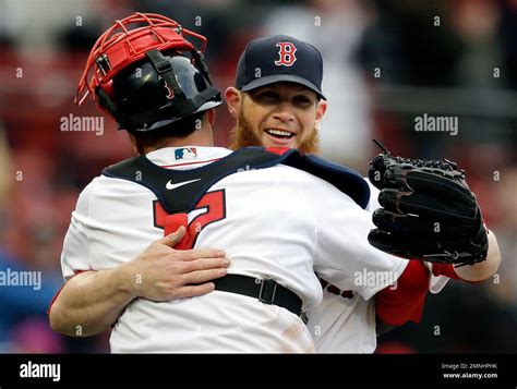 Boston Red Soxs Christian Vazquez Left Celebrates With Relief