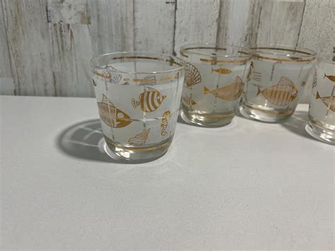 Midcentury Glasses Libby Atomic Age Rocks Glasses Low Ball Glassware Gold Sealife Collectable