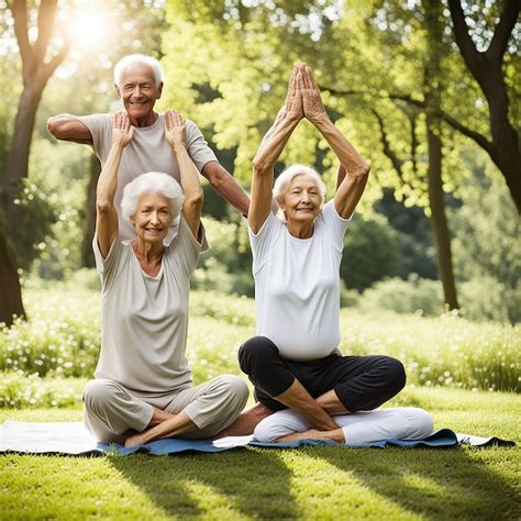 An Elderly Couple Doing Yoga In The Park With Their Arms Raised