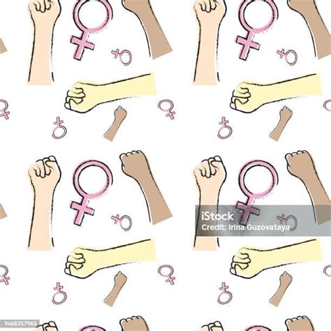 주먹으로 꽉 쥔 손 다른 인종의 여성 여성 상징이 있는 매끄러운 패턴 3 월 8 일 세계 여성의 날 개념 벡터 이미지 International Match에 대한 스톡 벡터