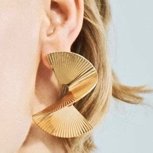 Fan Shape Earrings Designer Style Large Statement Gold Tone With 3