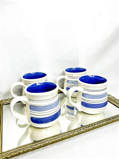 Set Of Four Vintage Pfaltzgraff “rio” Coffee Cups Blue And White