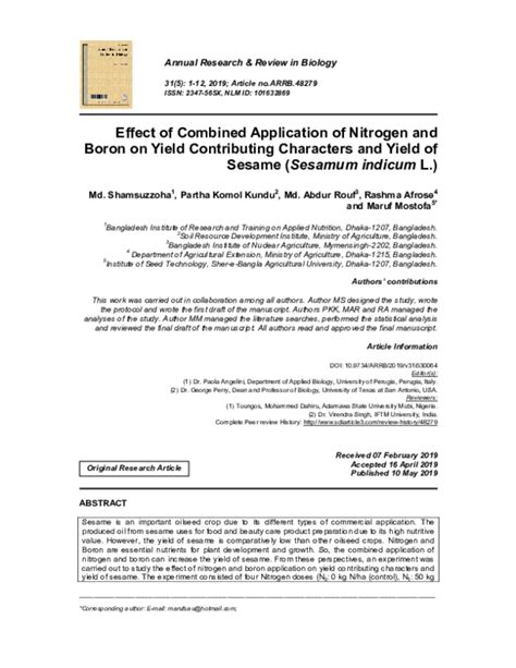 Pdf Effect Of Combined Application Of Nitrogen And Boron On Yield