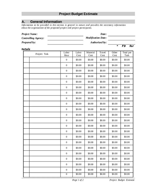 Project Templates And S Project Budget Estimation Template Doc