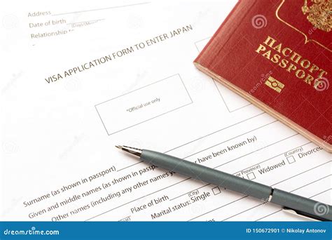 Pen And Passport On Blank Japan Visa Application Form Tourism And