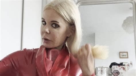 Red Latex Rubber Catsuit And Gloves Pvc Boots Black Rubber Hood Butt