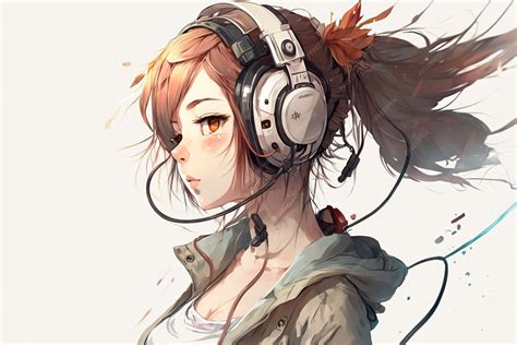 Premium Ai Image Anime Girl With Headphones Listens Music Portrait Of