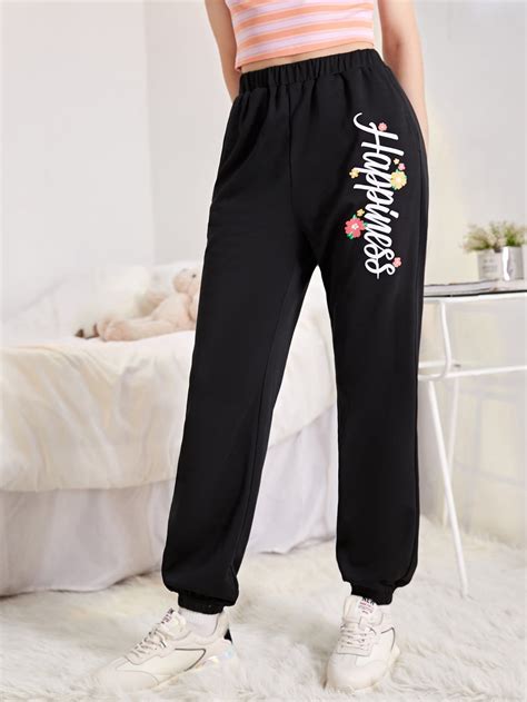 Shein Teen Girls Elastic Waist Letter And Floral Pattern Sweatpants