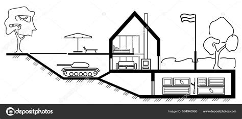 Linear Architectural Sketch Cottage Section Underground Hidden Tank