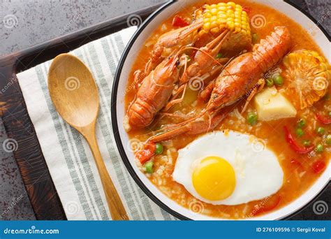 Thick Chowder With Crayfish Tomatoes Corn Pepper Potato Green Peas