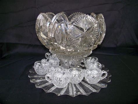 Lot Ornate Glass Punch Bowl On Tray With Cups