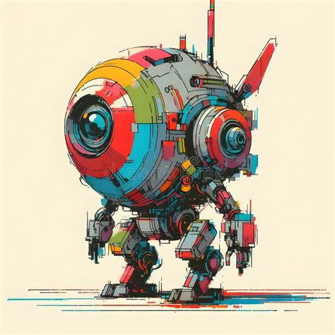 Minimalist Painting Of Sci Fi Cute Robot Pen And Ink Sketch Stock