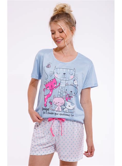 Pijama Feminino Lua Chic Amigos Gatinhos Azul