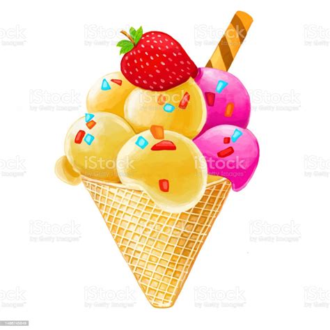하얀 배경에 분리된 신선하고 달콤한 화려한 딸기와 바닐라 아이스크림을 위한 수채화와 그림 수제 빵집 디저트 및 음식 삽화의