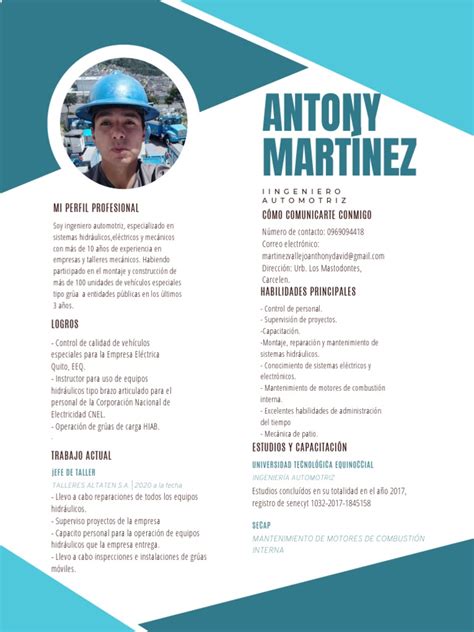 Hoja De Vida Ingeniero Antony Martínez 2022 Pdf Grúa Máquina