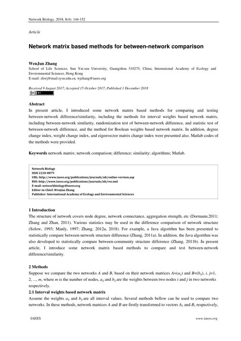 PDF Network Matrix Based Methods For Between Network Comparison
