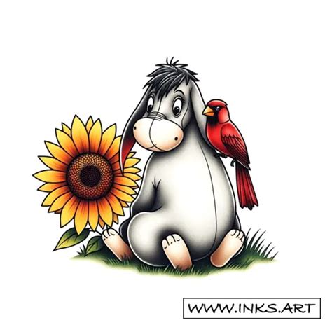 Tattoo Design Eeyore Sunflower And Cardinal Art Style Neotraditional