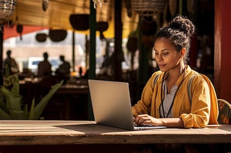 Premium Ai Image Colombian Girl With A Laptop In A Cafe Digital Lifestyle In Colombia Ai Generated