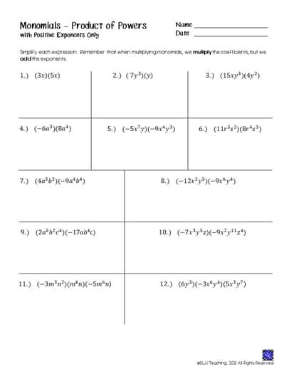 Properties Of Exponents Multiplying Dividing Monomials Practice Worksheets