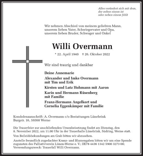 Traueranzeigen Von Willi Overmann Sich Erinnernde