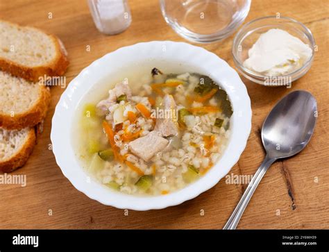 Popular Russian Soup Rassolnik With Pickled Cucumbers Brine And Pearl