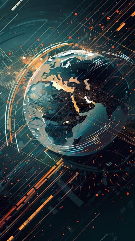 Digital World Map Encircled By Data Streams Representing Global Trading