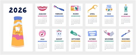 Lovely Calendar Template For 2026 Year With Dental Hygiene Cartoon
