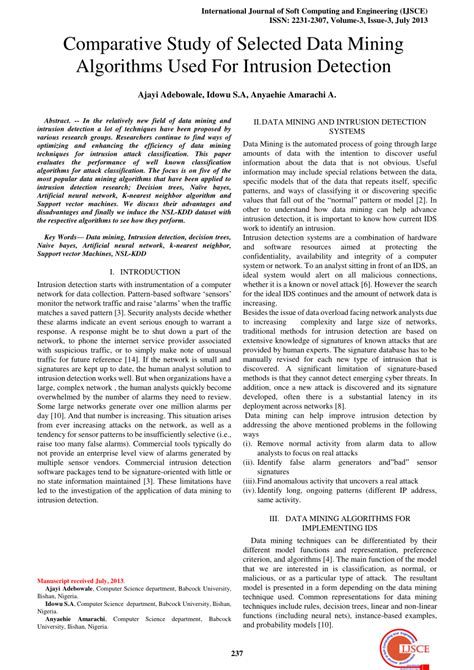 PDF Comparative Study Of Selected Data Mining Algorithms Used For Intrusion Detection