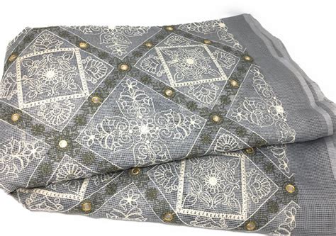 Grey Kota Checks Fabric With Mirror Embroidery Embroidered Cloth