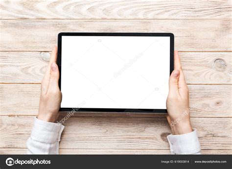 Female Teen Hands Using Tablet White Screen Mockup Image Woman Stock Photo Snegok
