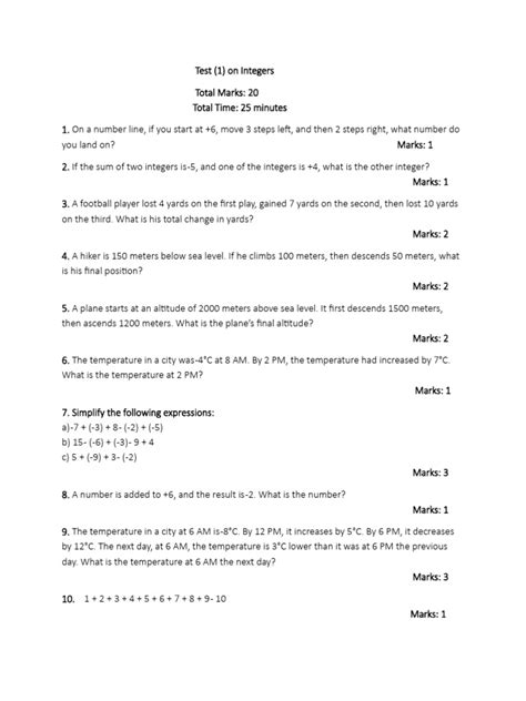 Integer Operations Test Questions Pdf