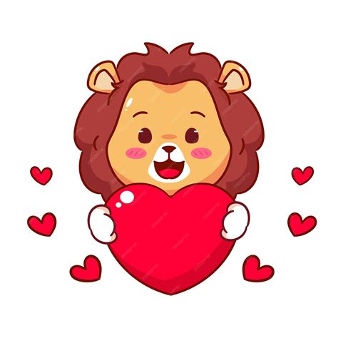 León Lindo Sosteniendo Un Gran Corazón De Amor Personaje De Dibujos Animados Adorable Y Kawaii