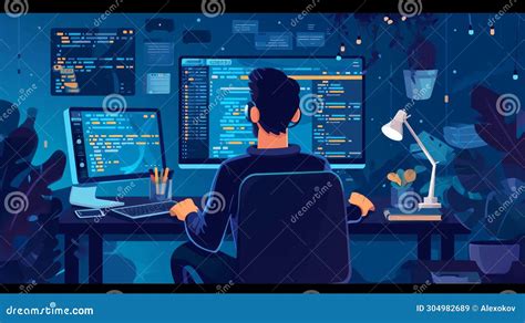 Programmer Working On Computer At Night Programmer At Work Programmer In Front Of Computer