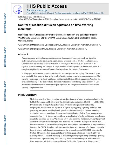 Pdf Control Of Reaction Diffusion Equations On Time Evolving Manifolds
