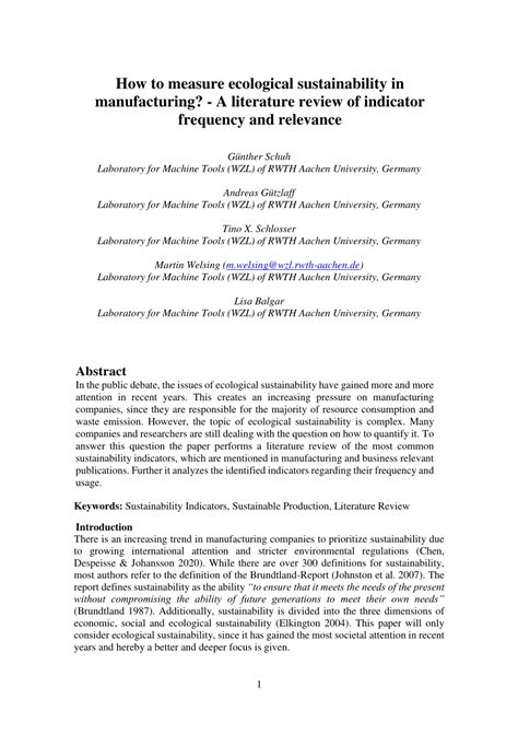 Pdf How To Measure Ecological Sustainability In Manufacturing A Literature Review Of