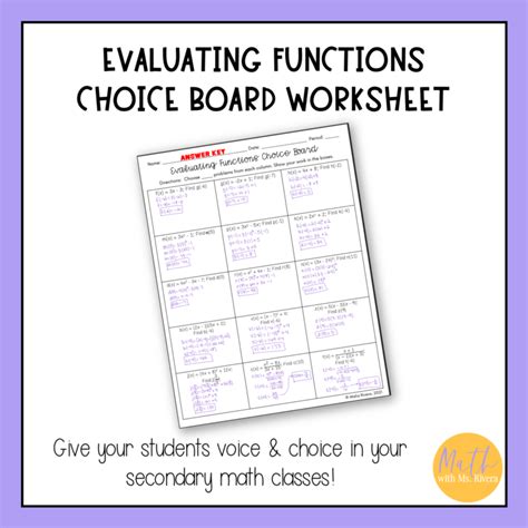 Evaluating Functions In Function Notation Worksheet Choice Board For Algebra 1 Maila Rivera