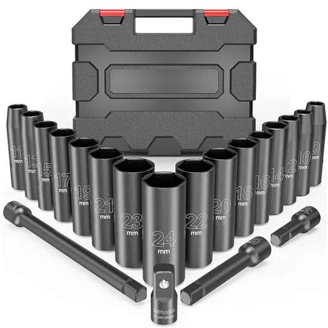 20 Piece 6 Point Impact Set Metric Sizes 9 24mm Socket Set With 3 5