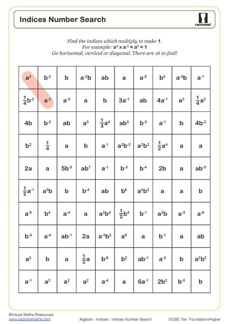 Indices Number Search Worksheet Cazoom Maths Worksheets