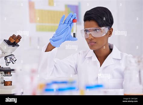 She Leaves No Room For Error A Beautiful Young Scientist Examining A Test Tube In Her Lab Stock