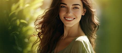 Beautiful Woman Smiling In Sunlight With Green Eyes And Long Brown Hair