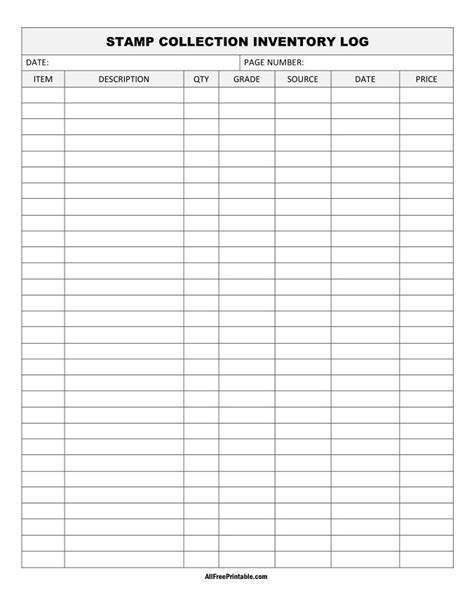 Stamp Collection Inventory Log Free Printable