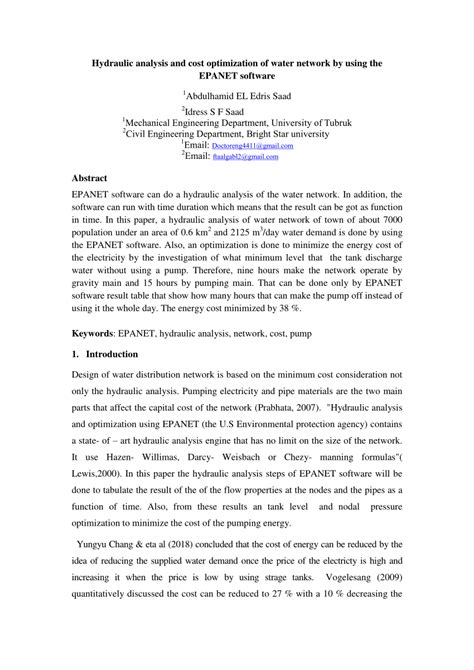 Pdf Hydraulic Analysis And Cost Optimization Of Water Network By Using The Epanet Software