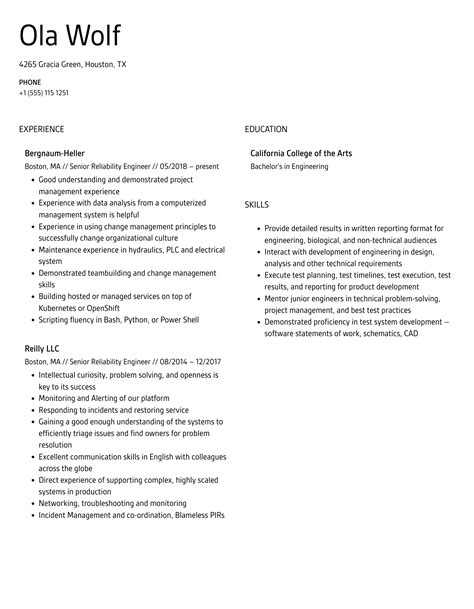 Senior Reliability Engineer Resume Samples Velvet Jobs