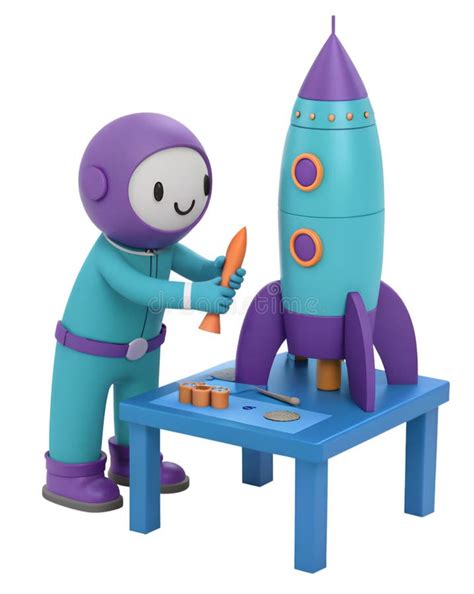 3d Cartoon Humanoid Working On Rocket Model Stock Illustration Illustration Of Model Humanoid