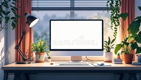 Modern Home Office Desk Setup Plant Blank Screen Bathed Natural Light