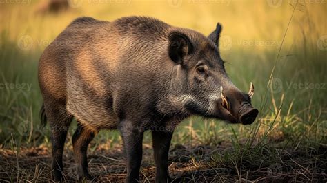 An Adult Wild Boar With Tusks Stands In A Field Bathed In Warm Light