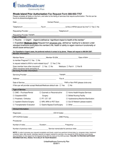 2011 2026 Ri Unitedhealthcare Prior Authorization Fax Request Form 886