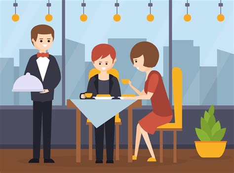 Couple Having Dinner In Restaurant Waiter Serving And Taking Order