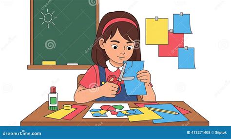Girl Cutting Grass Shape For Applique Elementary School Art Class